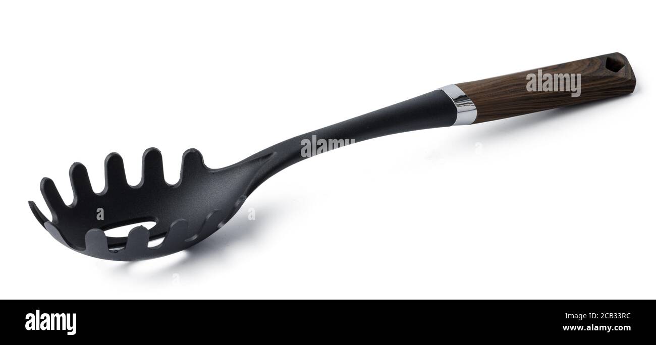 Black plastic spoon for draining on white background Stock Photo - Alamy