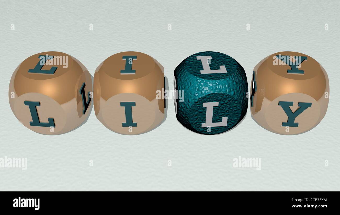 LILY text by cubic dice letters. 3D illustration. flower and background ...