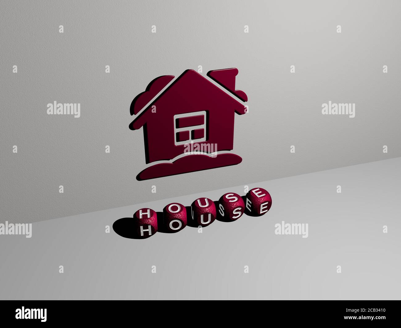 HOUSE 3D icon on the wall and text of cubic alphabets on the floor. 3D ...