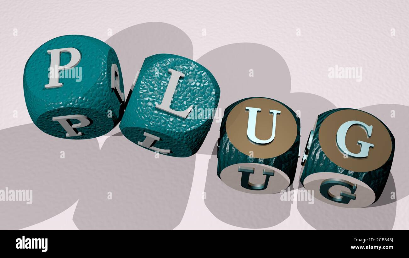 plug text by dancing dice letters. 3D illustration. electric and cable ...