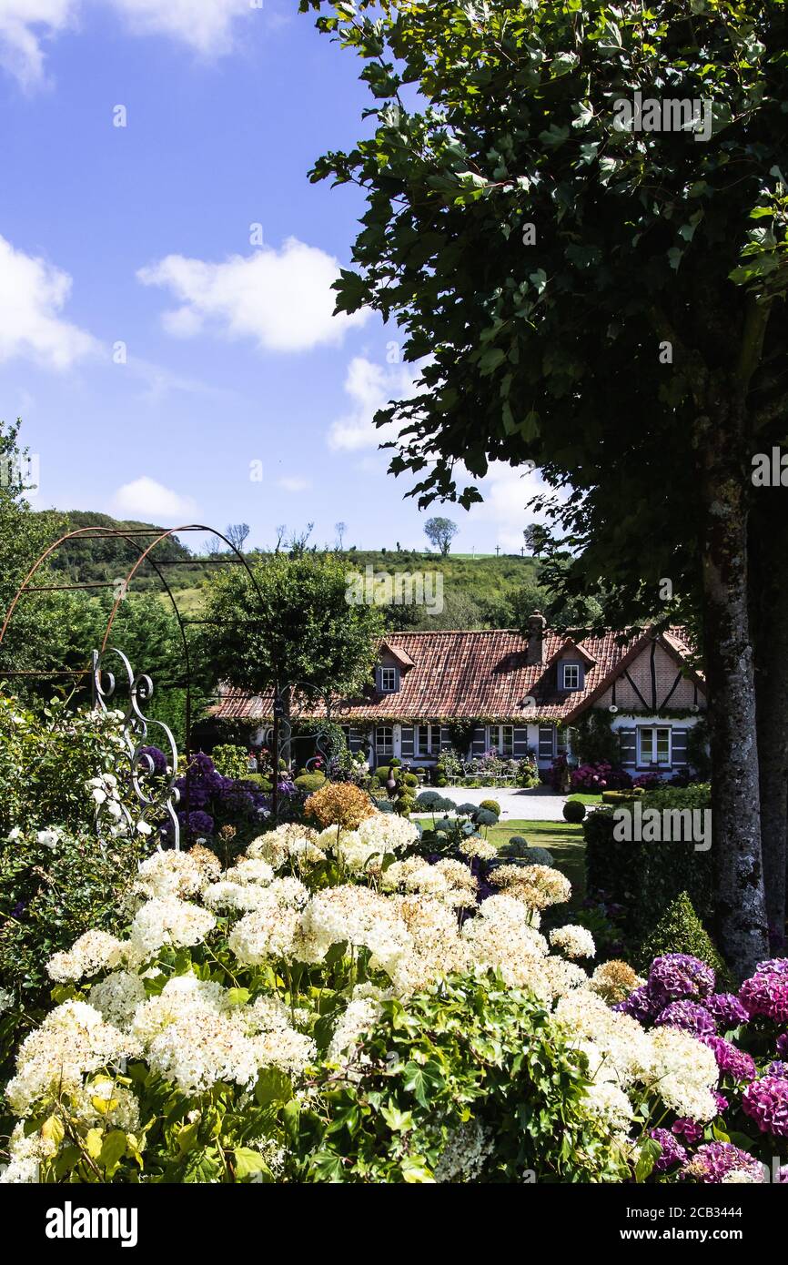 Pretty house in large flower garden with blue sky in summer Stock Photo ...