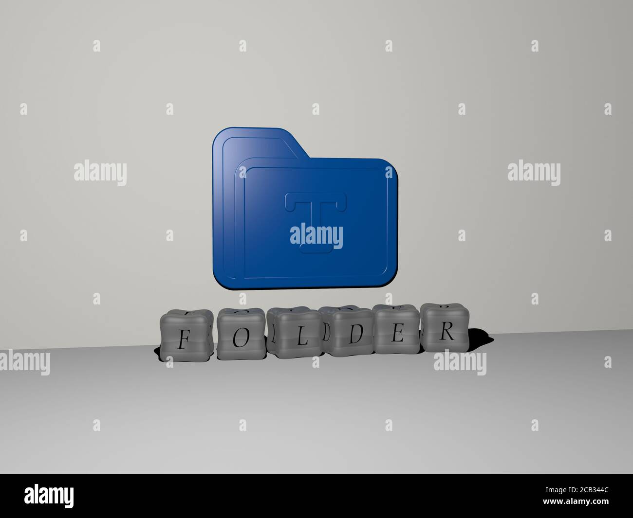 folder 3D icon on the wall and cubic letters on the floor. 3D ...