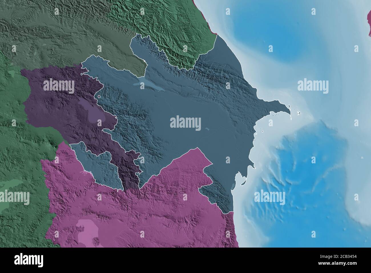 Extended area of outlined Azerbaijan. Colored elevation map. 3D ...