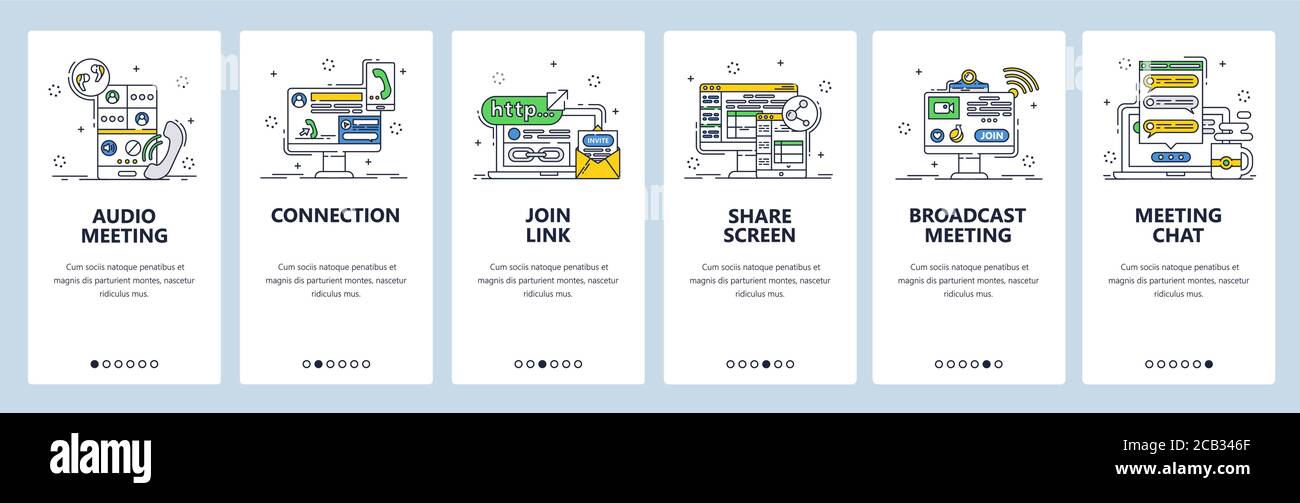 Remote team meeting chat, audio conferencing. Mobile app onboarding ...