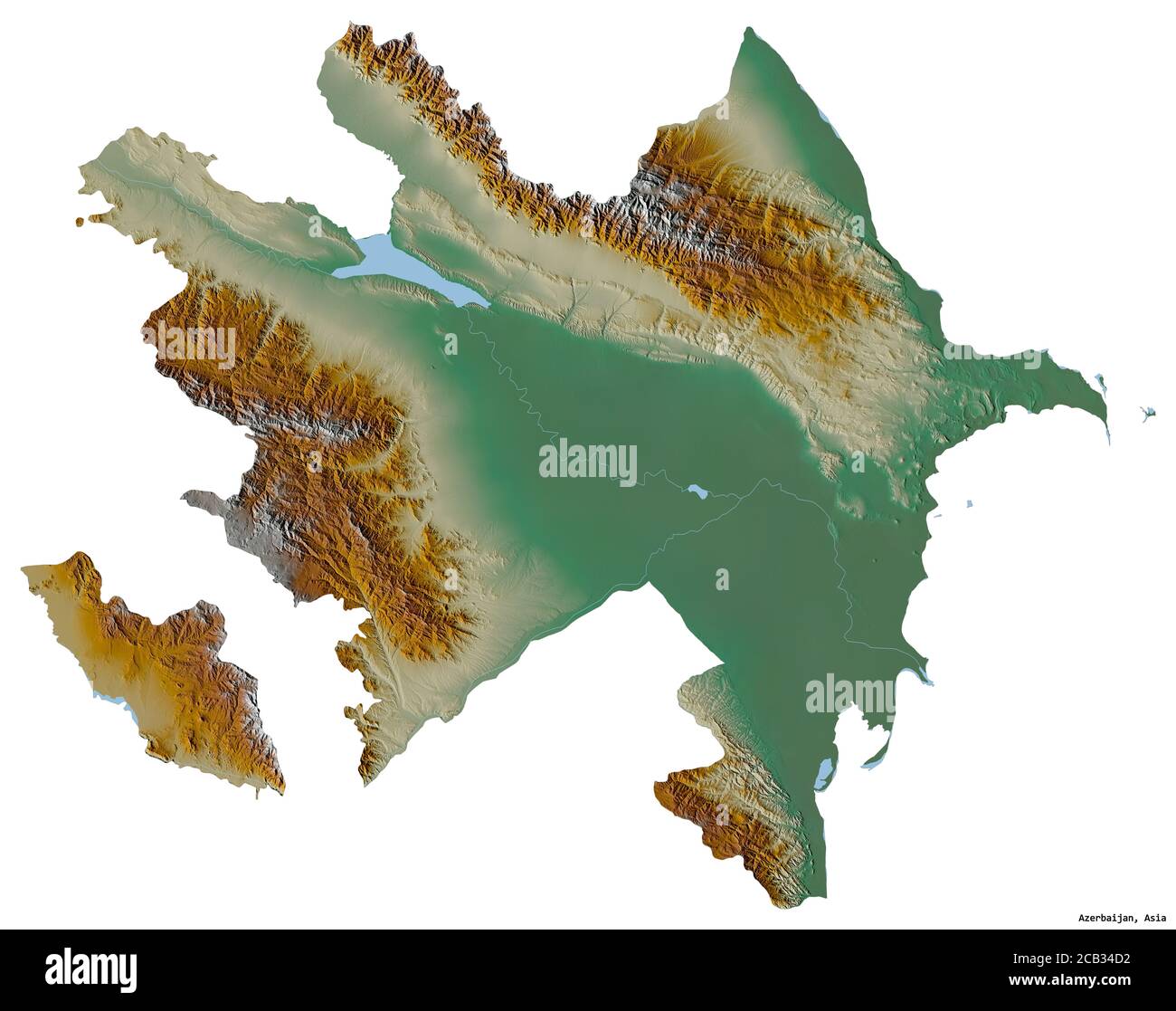 Shape of Azerbaijan with its capital isolated on white background. Topographic relief map. 3D ...