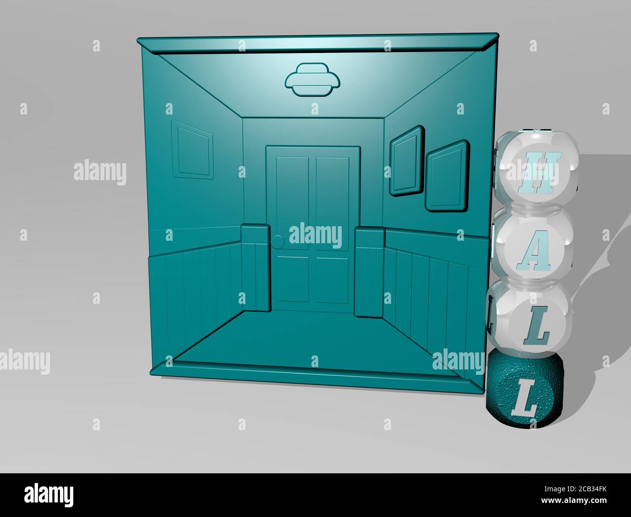 hall 3D icon beside the vertical text of individual letters. 3D ...