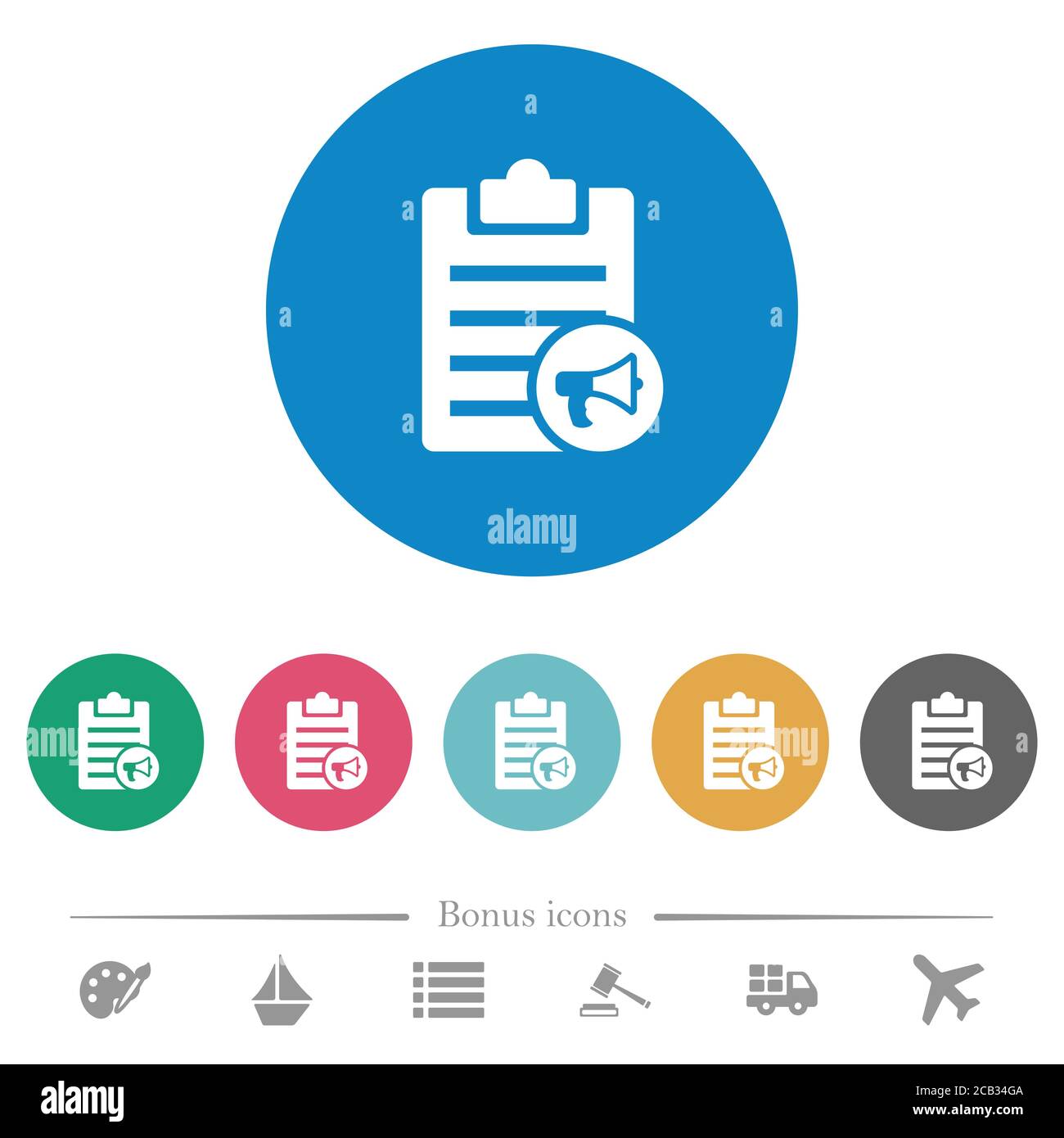 Note reading aloud flat white icons on round color backgrounds. 6 bonus ...