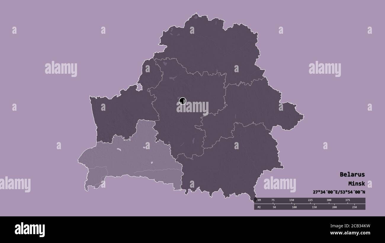 Desaturated shape of Belarus with its capital, main regional division ...