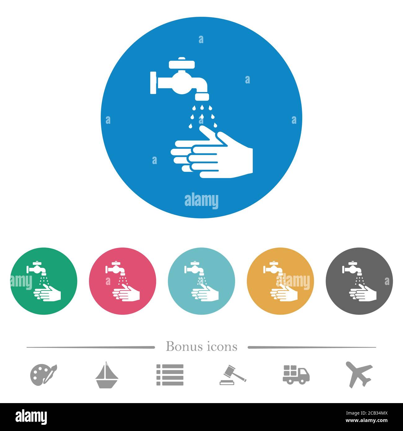Hand washing flat white icons on round color backgrounds. 6 bonus icons ...