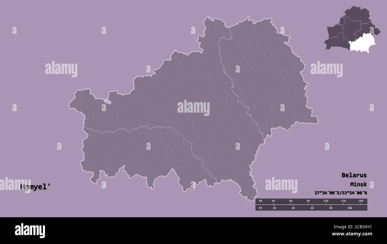 Shape of Homyel', region of Belarus, with its capital isolated on solid ...