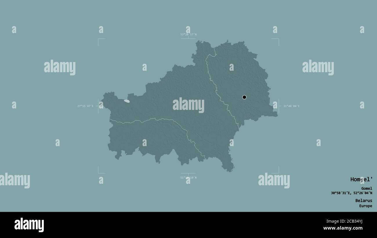 Area of Homyel', region of Belarus, isolated on a solid background in a ...