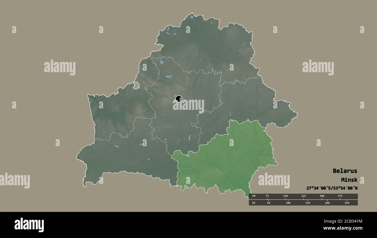 Desaturated shape of Belarus with its capital, main regional division ...