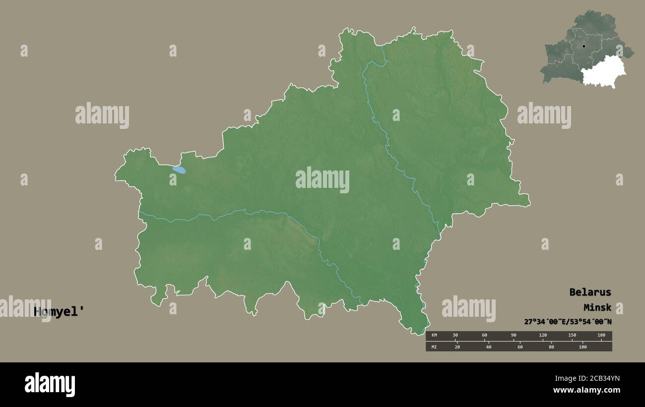Shape of Homyel', region of Belarus, with its capital isolated on solid ...