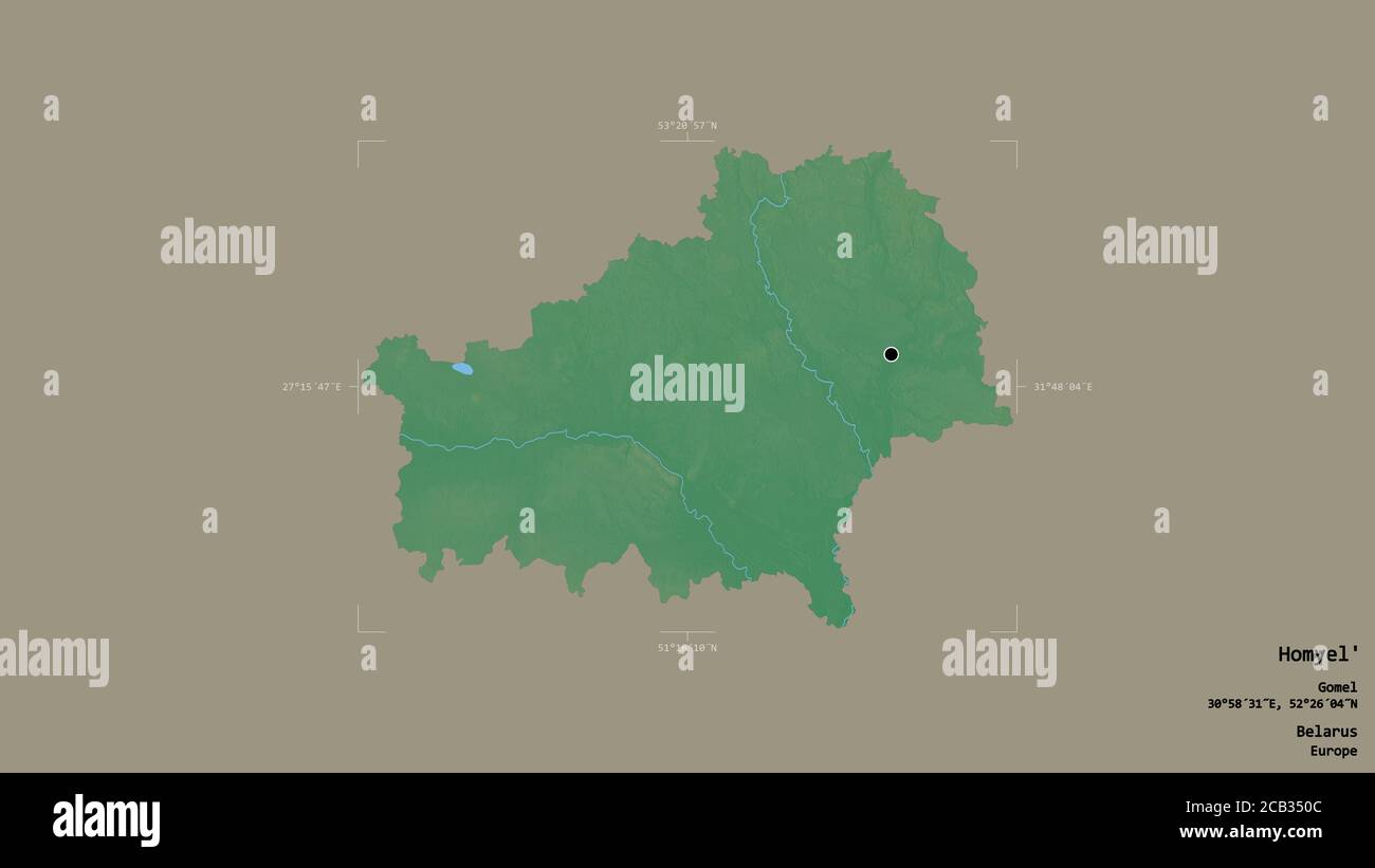 Area of Homyel', region of Belarus, isolated on a solid background in a ...