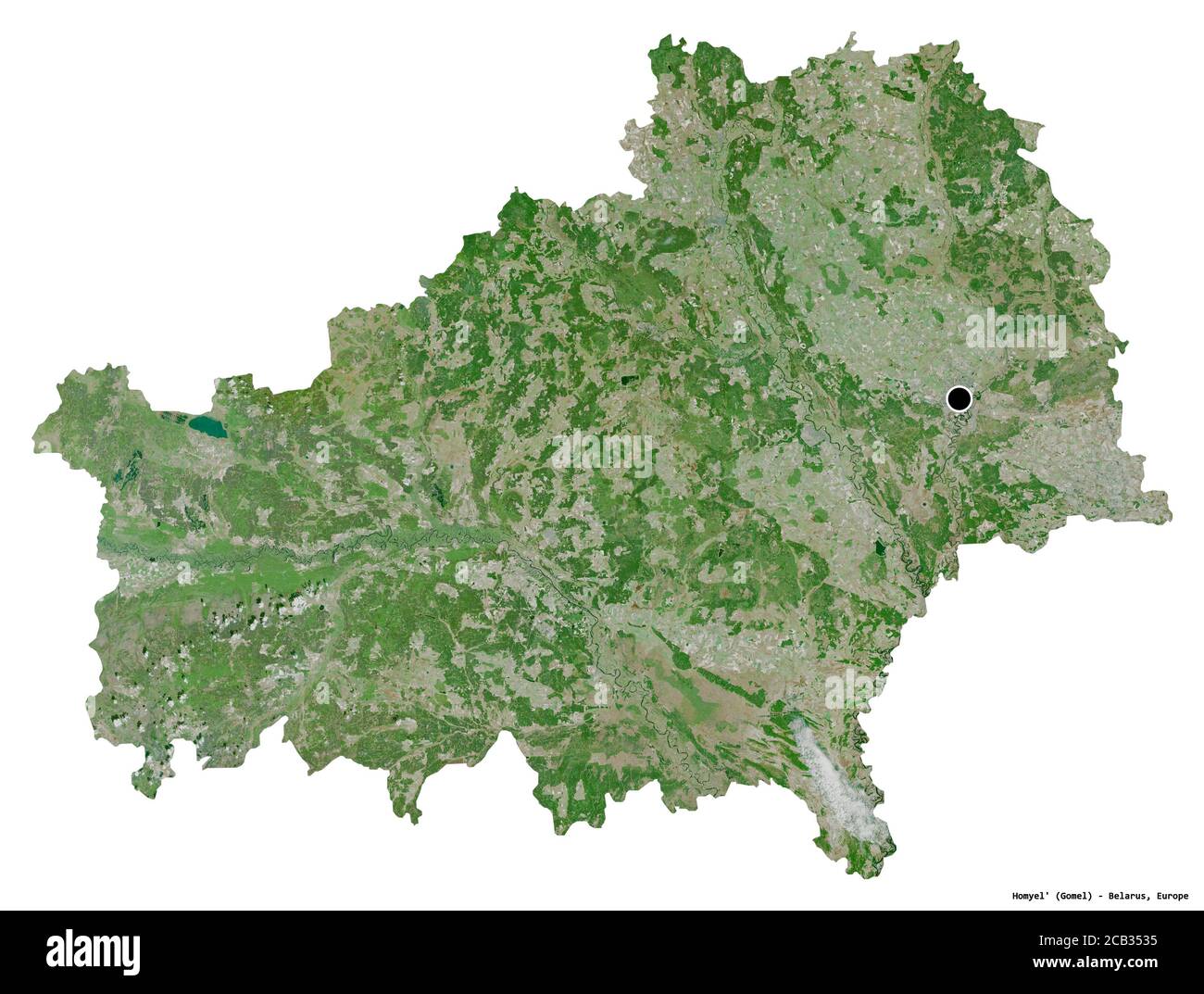 Shape of Homyel', region of Belarus, with its capital isolated on white ...