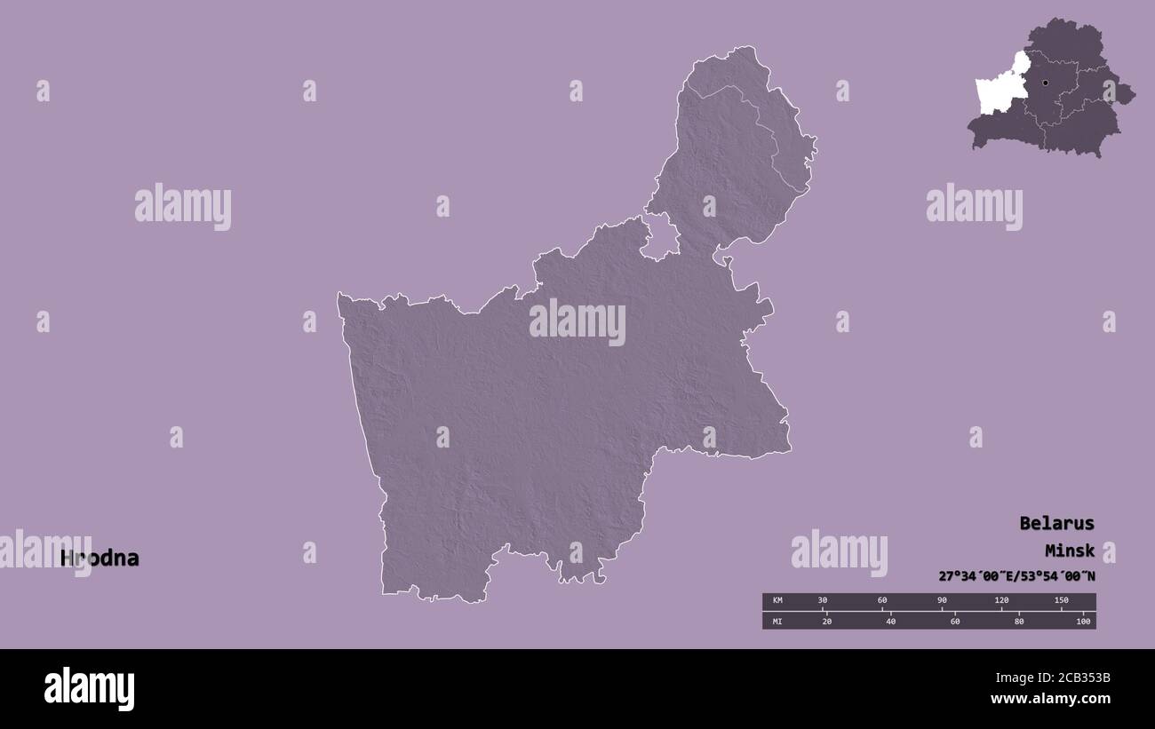 Shape of Hrodna, region of Belarus, with its capital isolated on solid ...