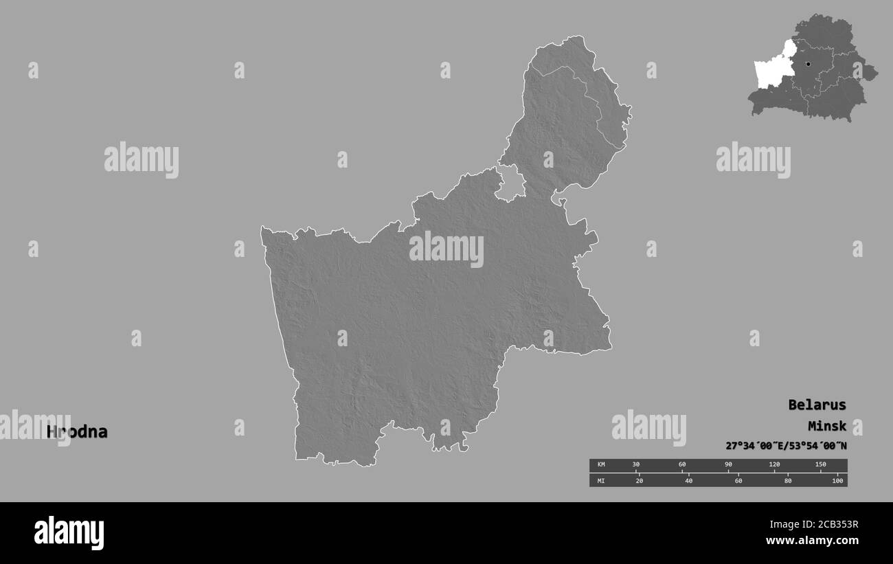 Shape of Hrodna, region of Belarus, with its capital isolated on solid ...