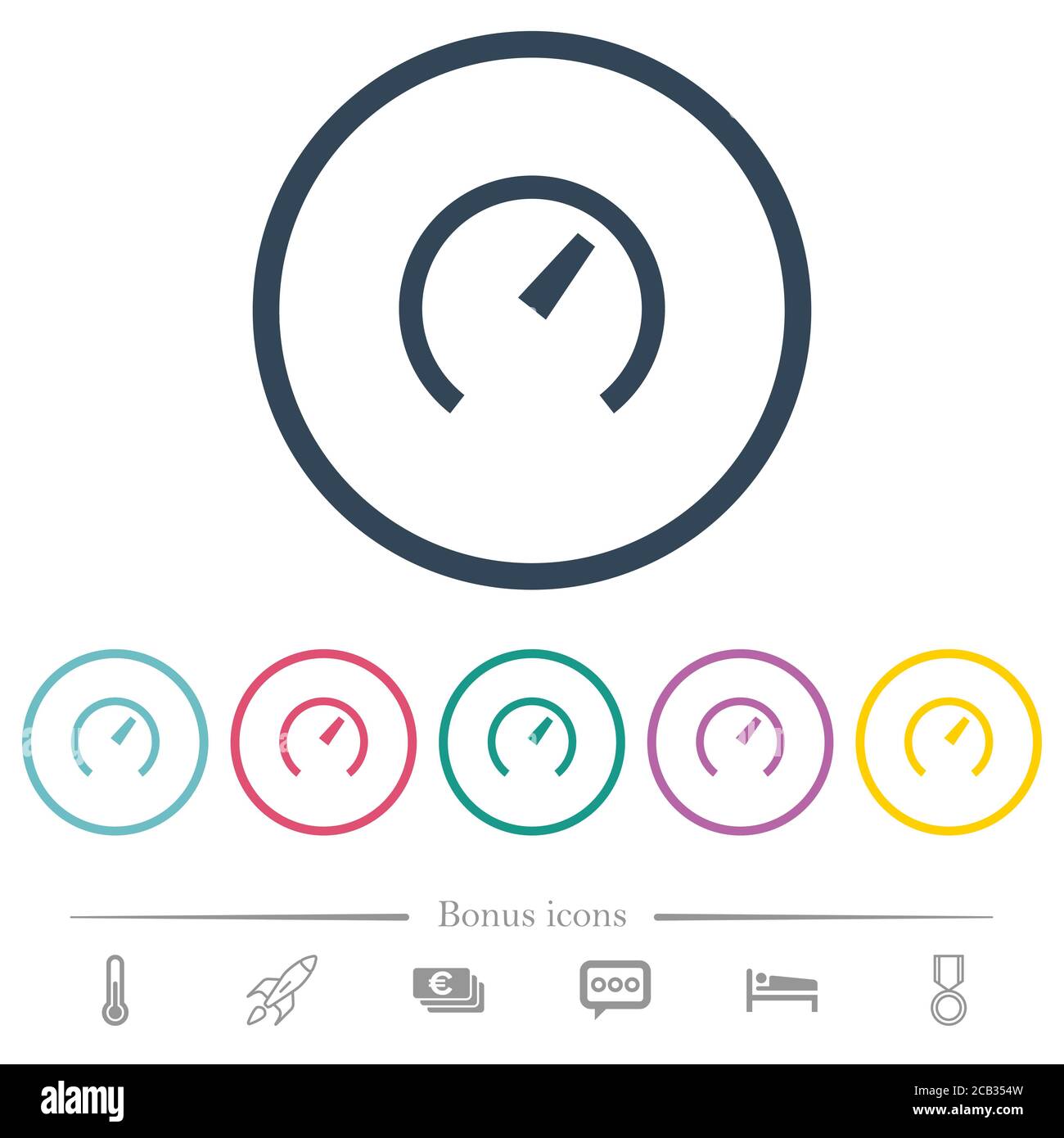 Speedometer flat color icons in round outlines. 6 bonus icons included ...