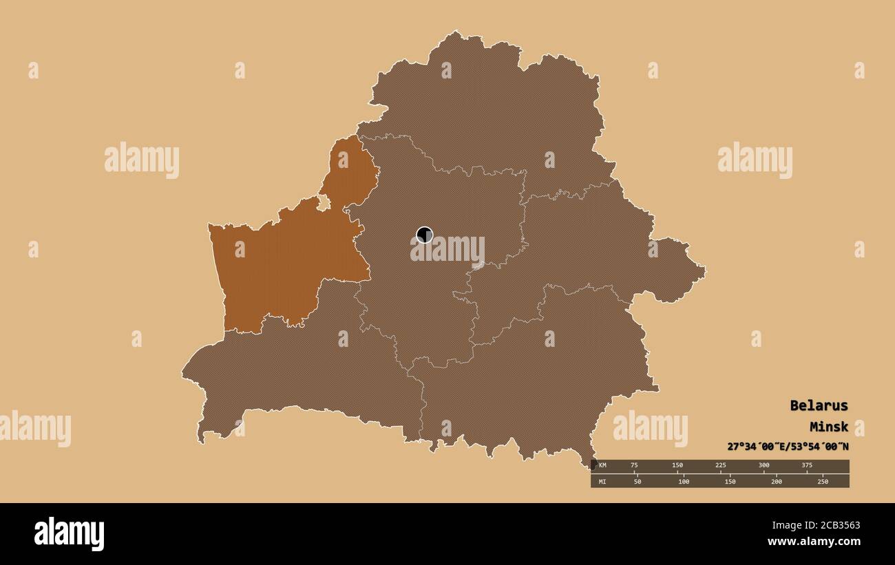 Desaturated shape of Belarus with its capital, main regional division ...