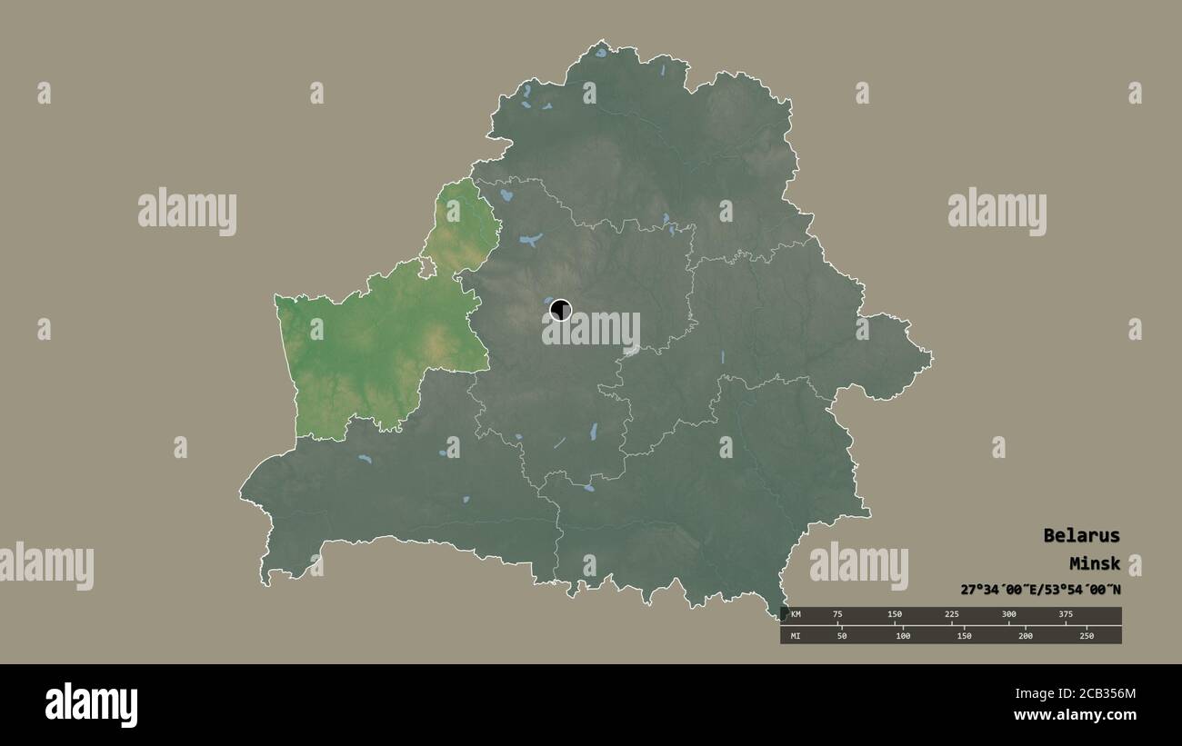 Desaturated shape of Belarus with its capital, main regional division ...