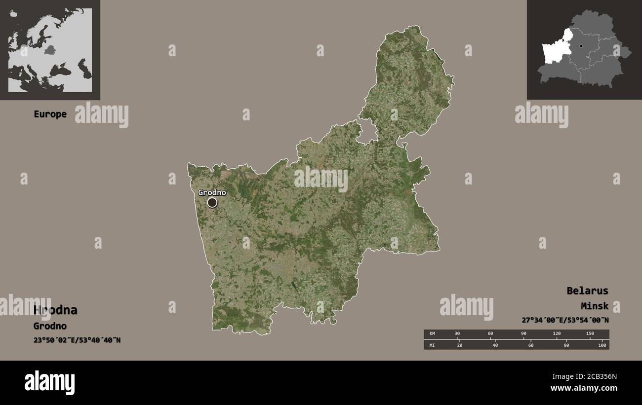 Shape of Hrodna, region of Belarus, and its capital. Distance scale ...