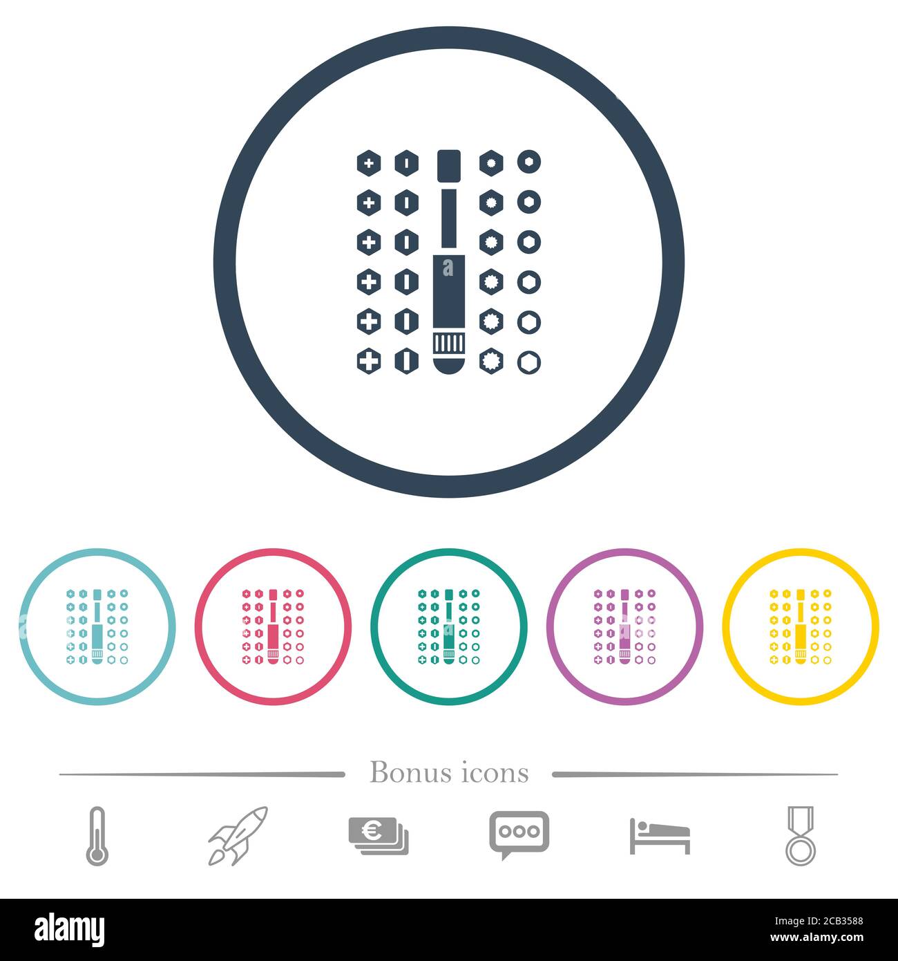 Set of screwdriver bits flat color icons in round outlines. 6 bonus ...