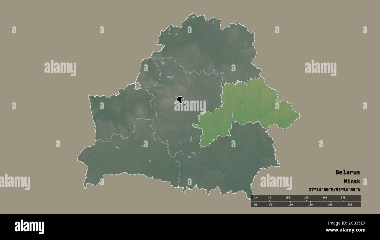 Desaturated shape of Belarus with its capital, main regional division ...