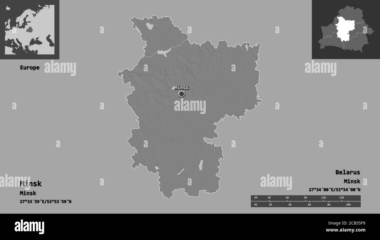 Shape of Minsk, region of Belarus, and its capital. Distance scale ...