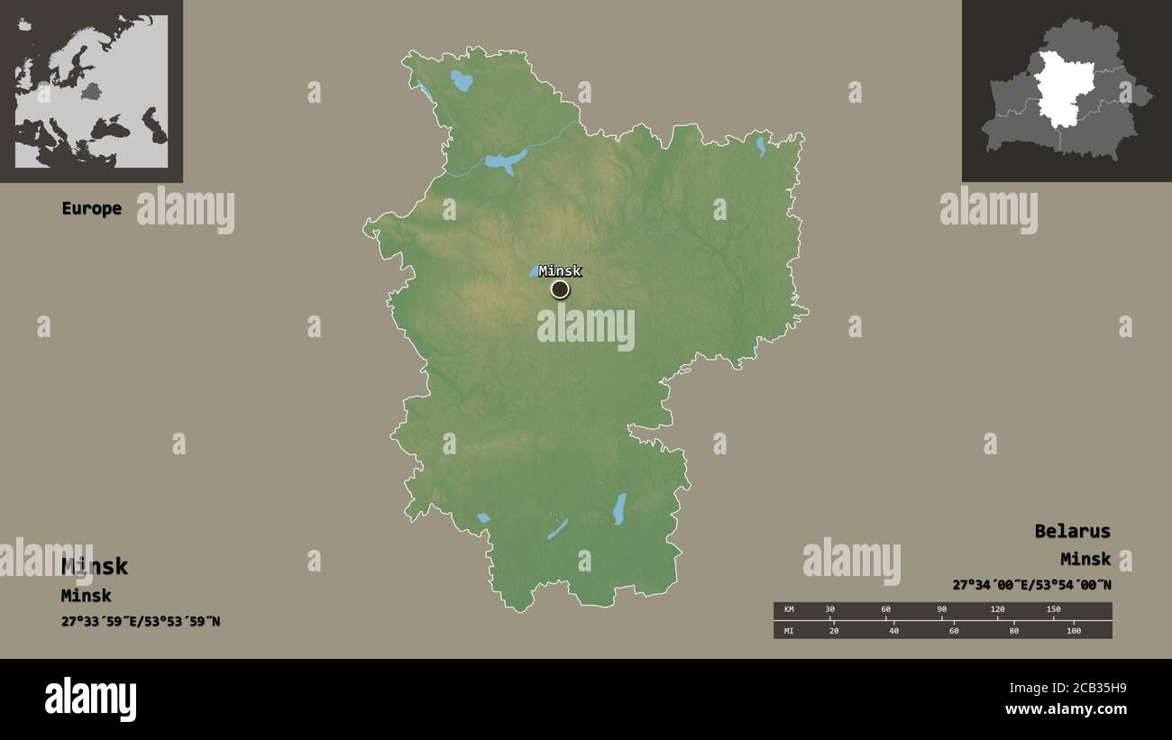 Shape of Minsk, region of Belarus, and its capital. Distance scale ...