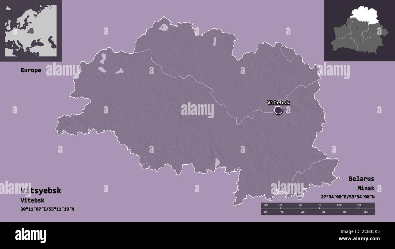 Shape of Vitsyebsk, region of Belarus, and its capital. Distance scale ...