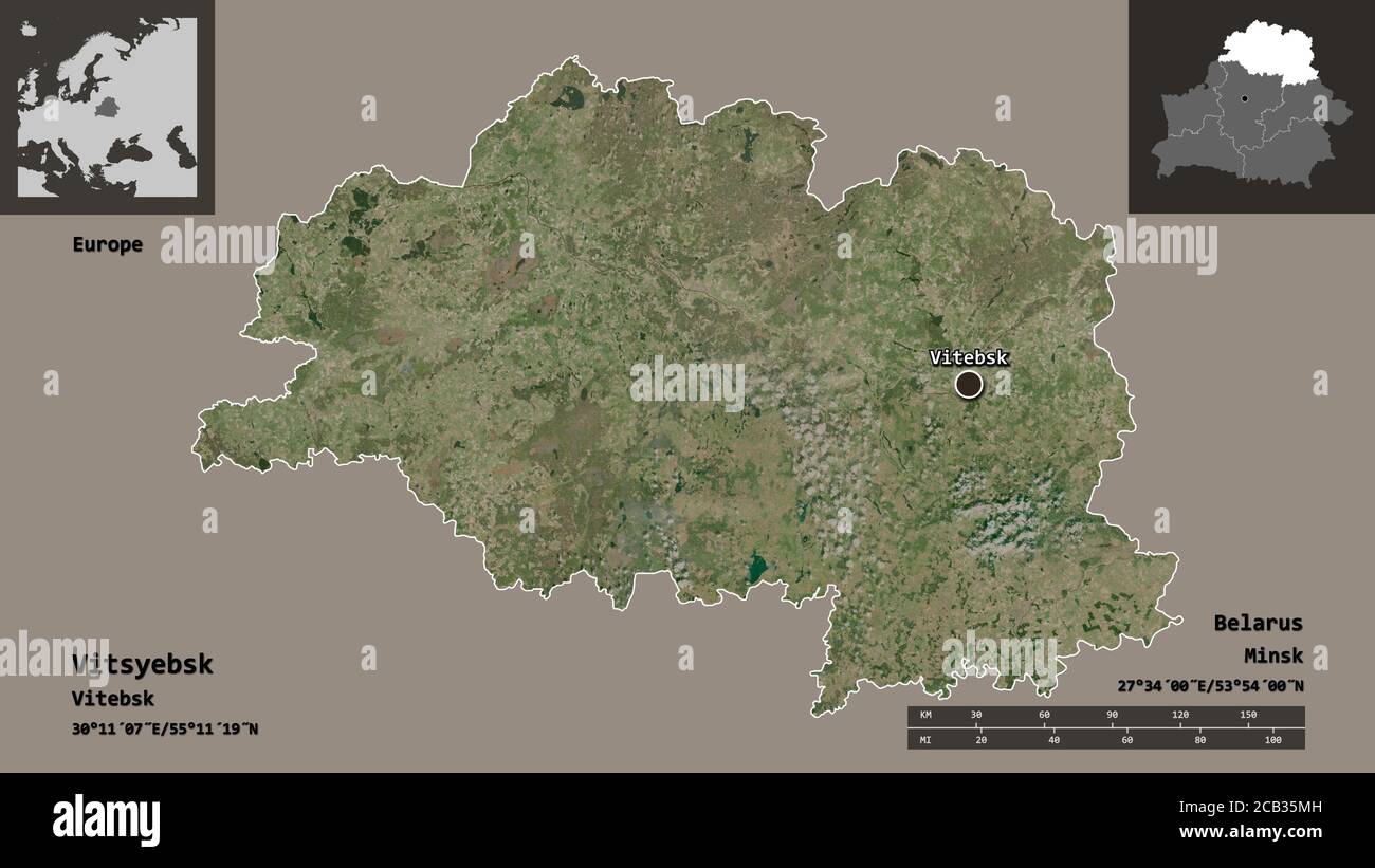 Shape of Vitsyebsk, region of Belarus, and its capital. Distance scale ...