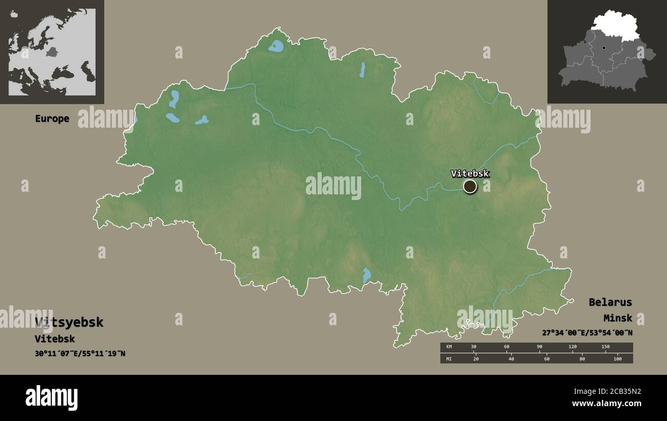 Shape of Vitsyebsk, region of Belarus, and its capital. Distance scale ...