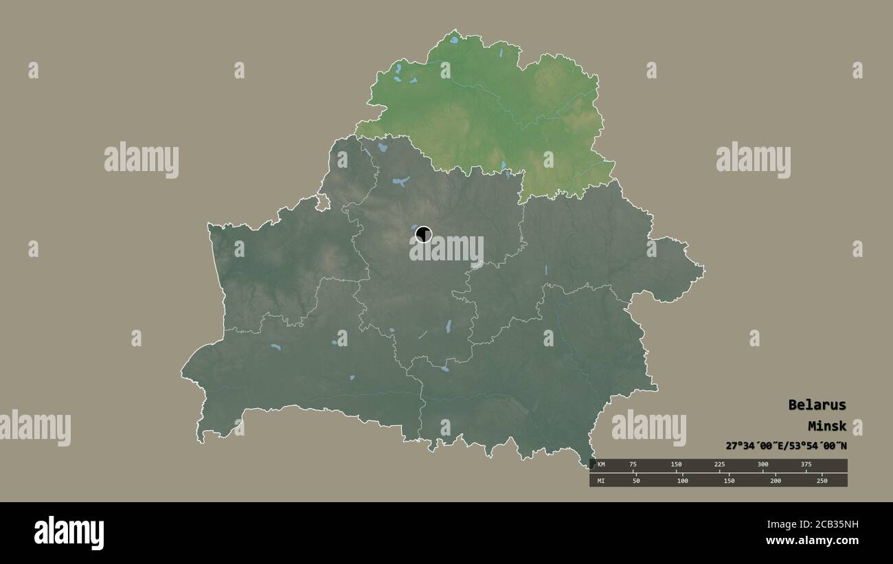 Desaturated shape of Belarus with its capital, main regional division ...