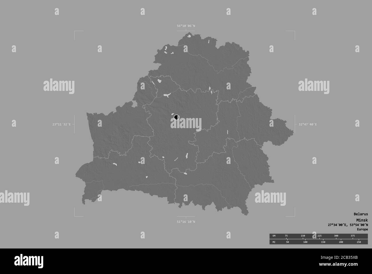 Area of Belarus isolated on a solid background in a georeferenced ...