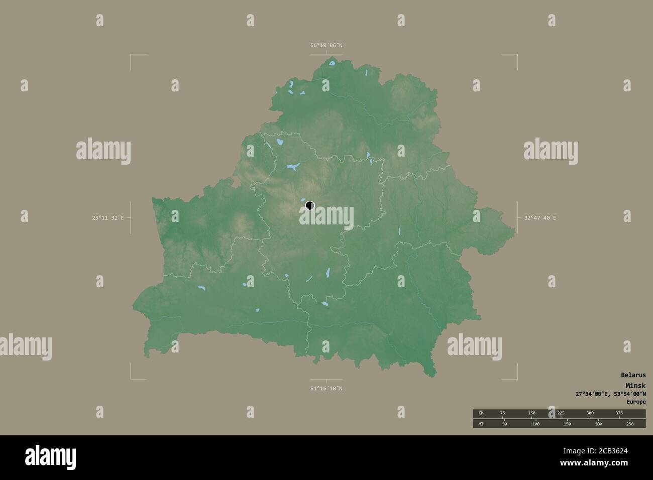 Area of Belarus isolated on a solid background in a georeferenced ...