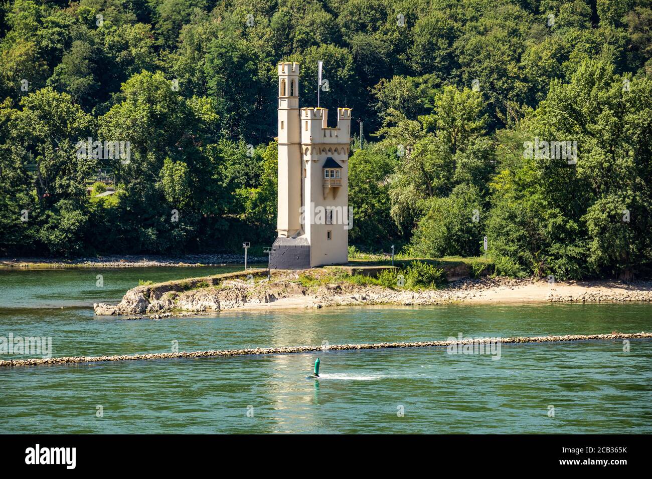 The Mouse Tower (Mäuseturm), stone tower on a small island in the Rhine ...