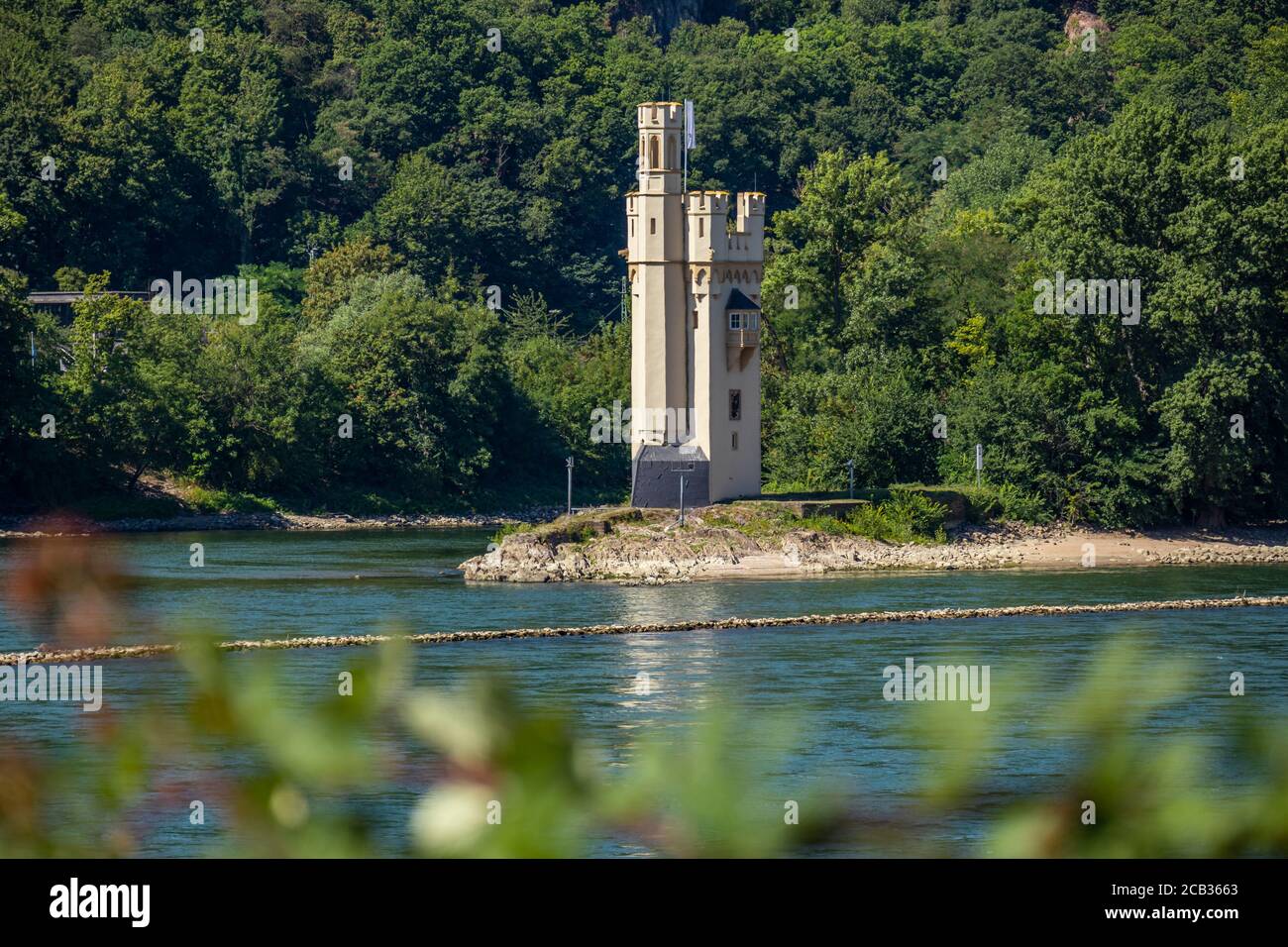 The Mouse Tower (Mäuseturm), stone tower on a small island in the Rhine ...