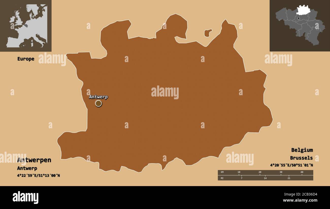 Shape of Antwerpen, province of Belgium, and its capital. Distance ...