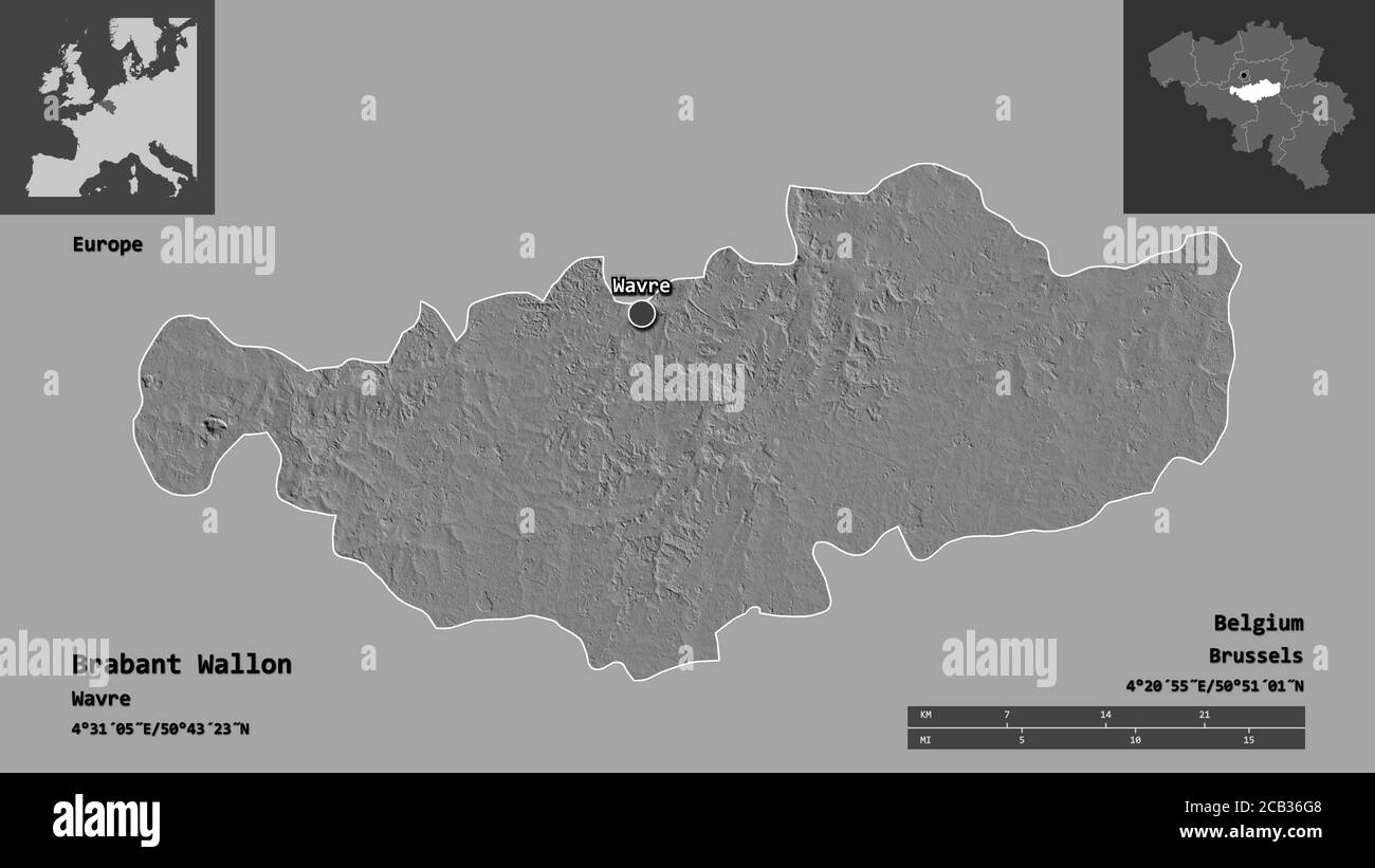 Shape of Brabant Wallon, province of Belgium, and its capital. Distance ...