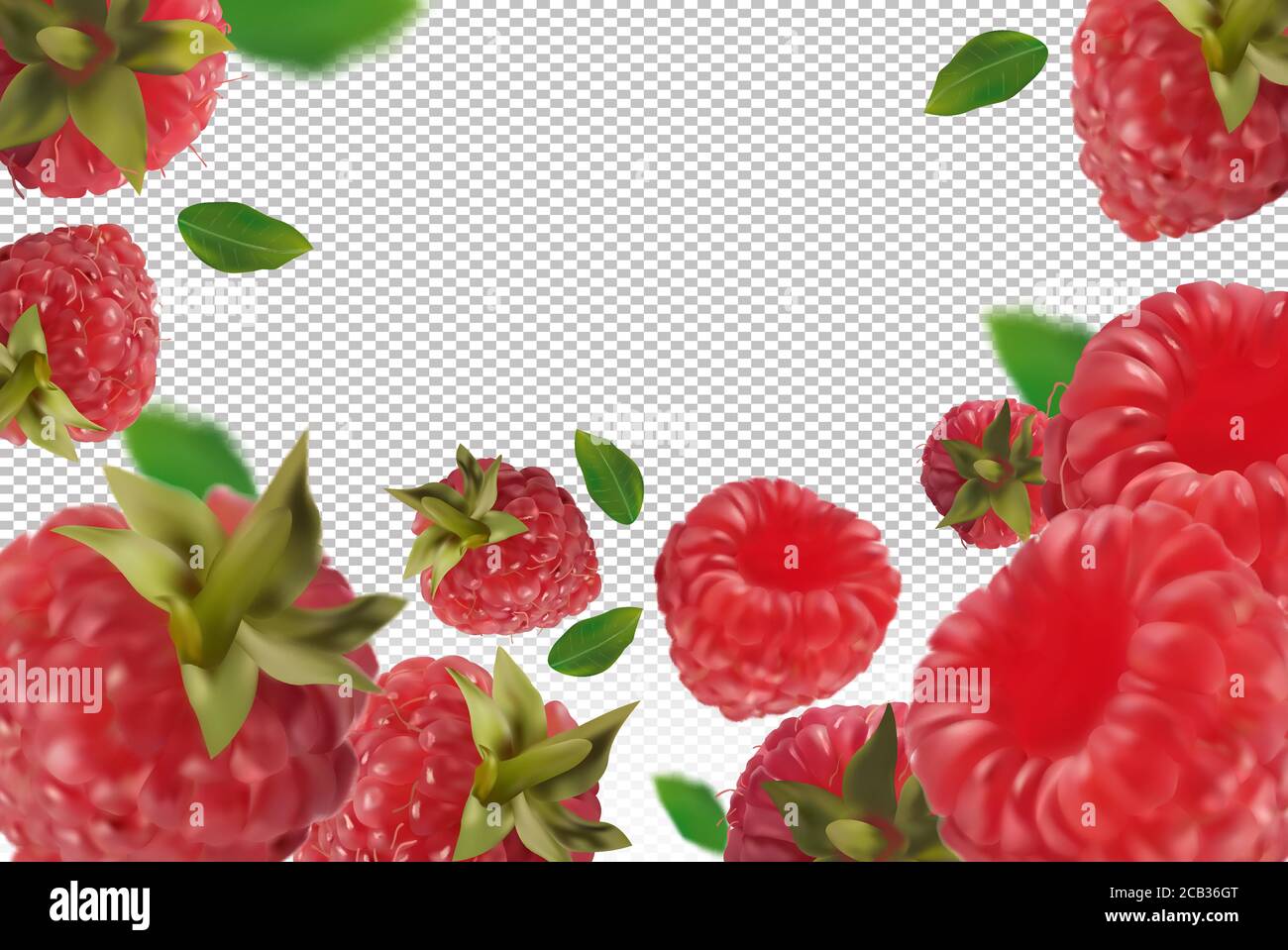 Raspberry background. Flying raspberry with green leaf on transparent ...