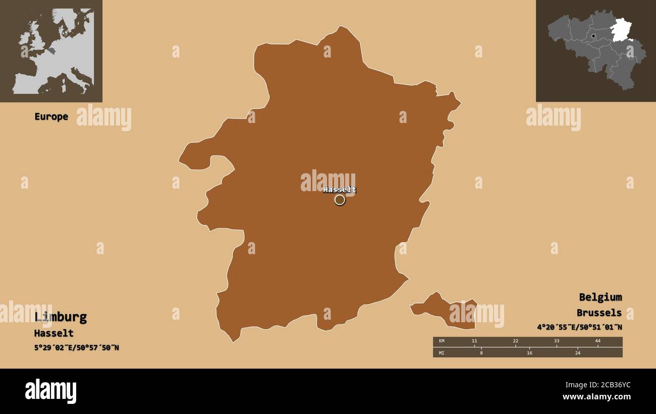 Shape of Limburg, province of Belgium, and its capital. Distance scale ...