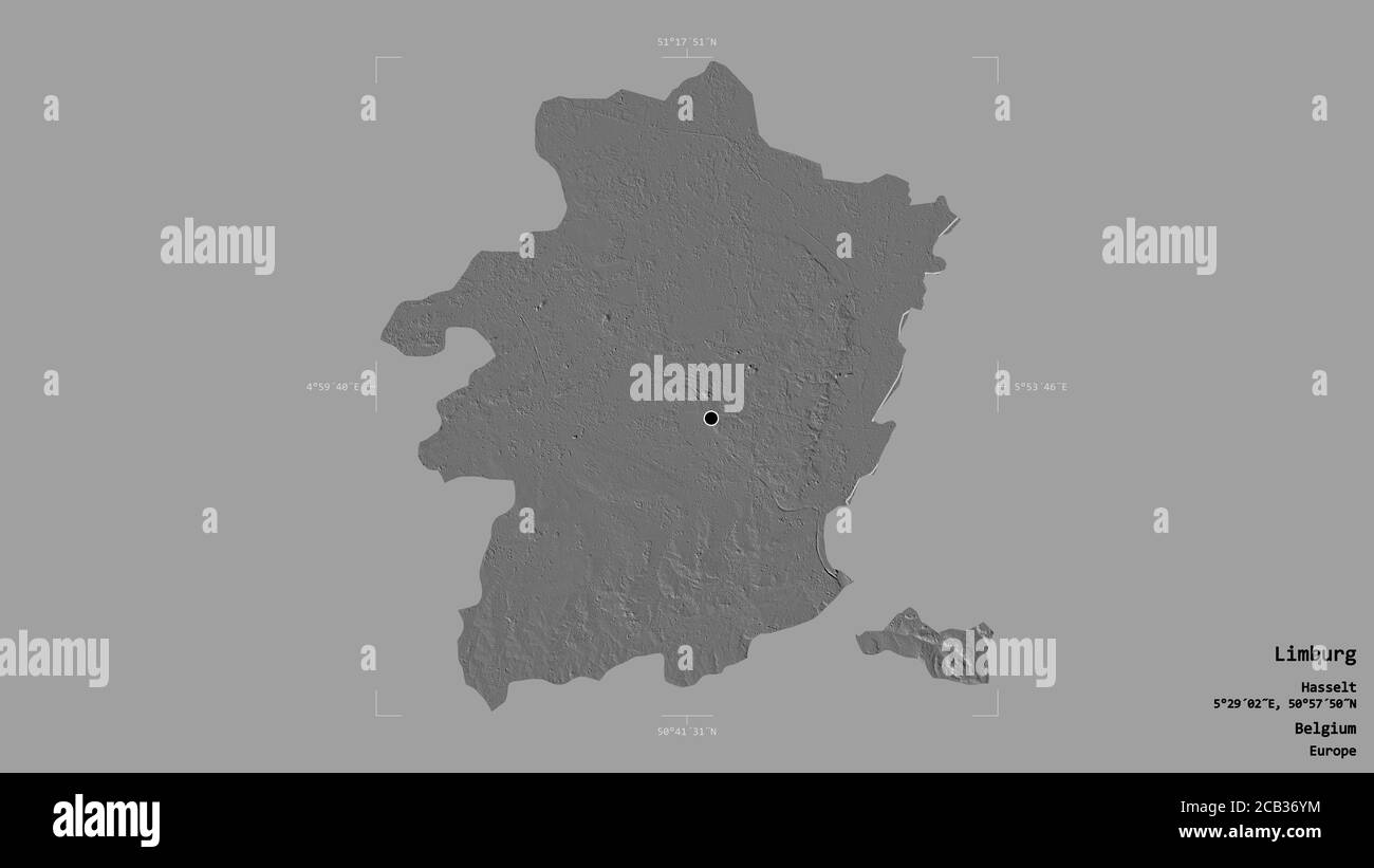 Area of Limburg, province of Belgium, isolated on a solid background in a georeferenced bounding ...