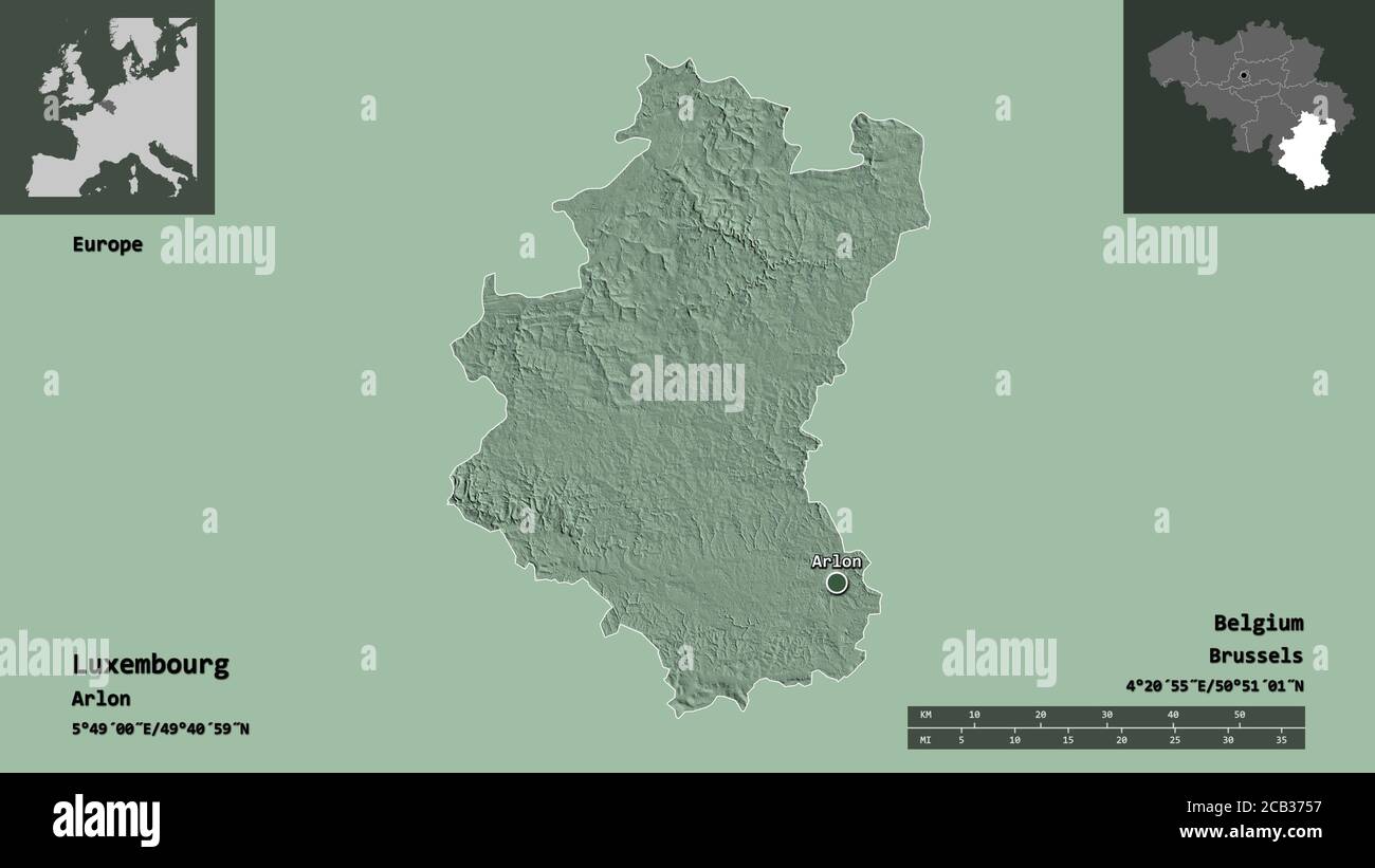 Shape of Luxembourg, province of Belgium, and its capital. Distance ...