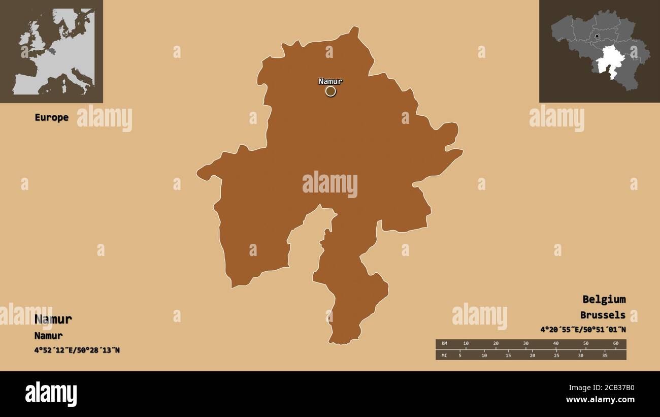 Shape of Namur, province of Belgium, and its capital. Distance scale ...