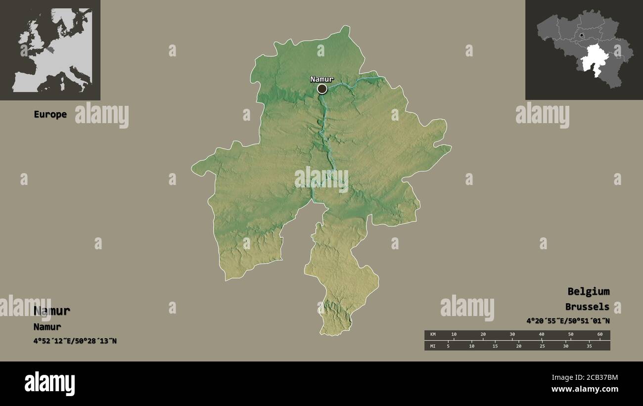 Shape of Namur, province of Belgium, and its capital. Distance scale ...