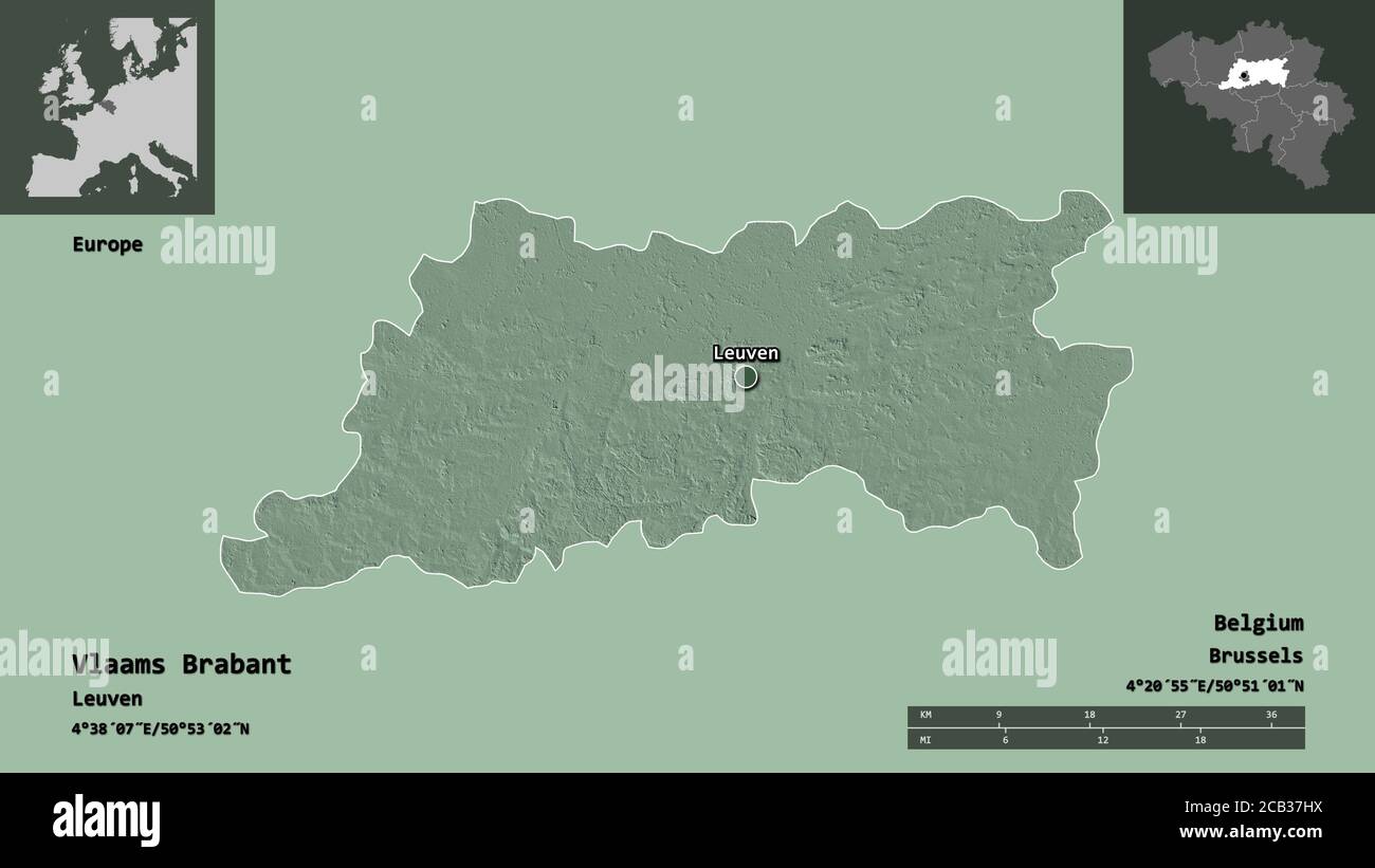 Shape of Vlaams Brabant, province of Belgium, and its capital. Distance ...