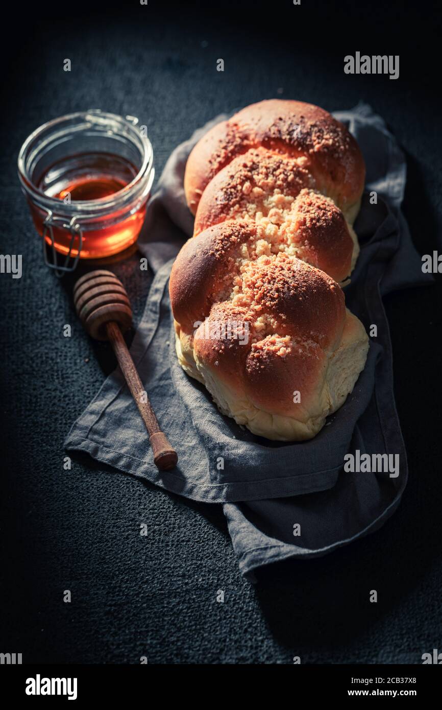 Healthy challah on dark table for breakfast Stock Photo - Alamy