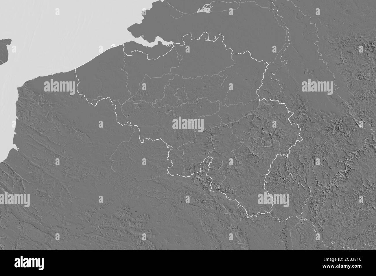 Extended area of Belgium with country outline, international and ...