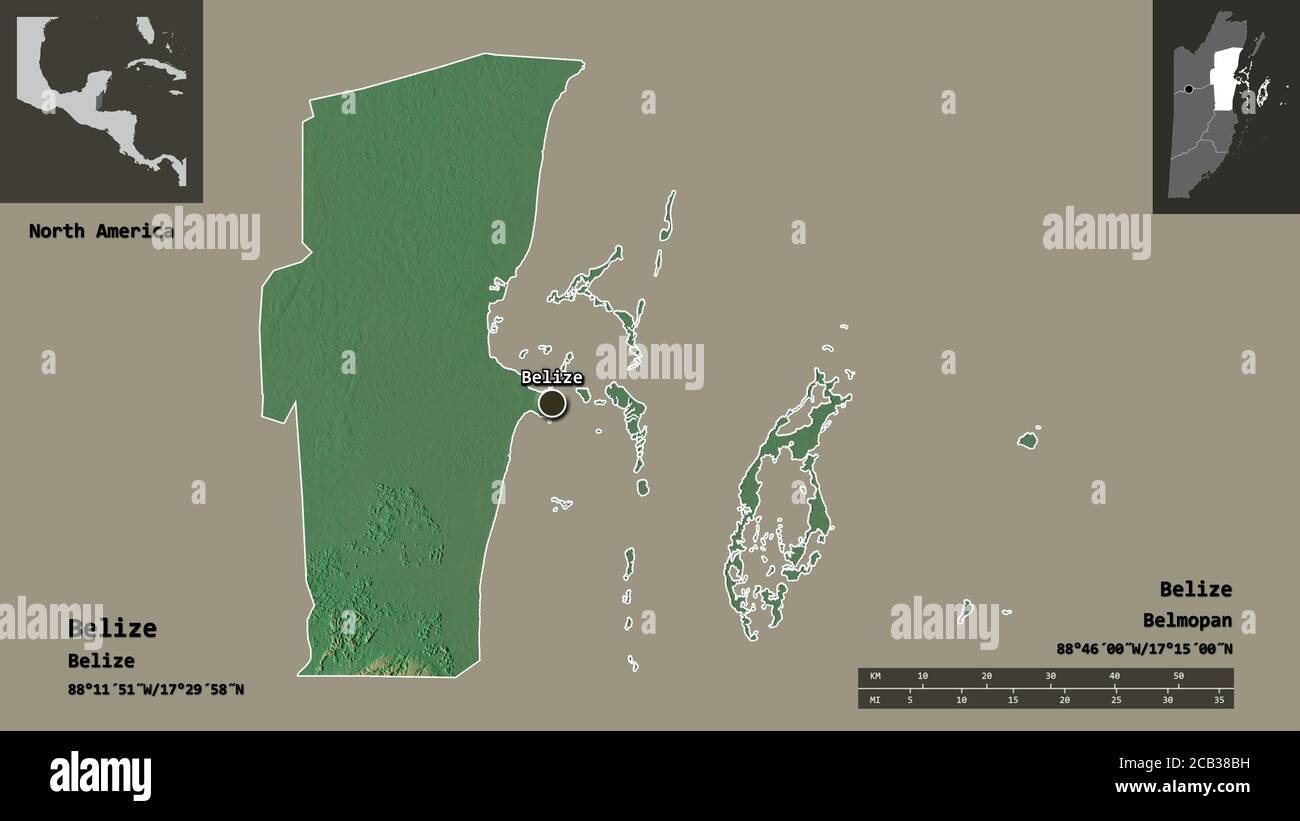 Shape of Belize, district of Belize, and its capital. Distance scale ...
