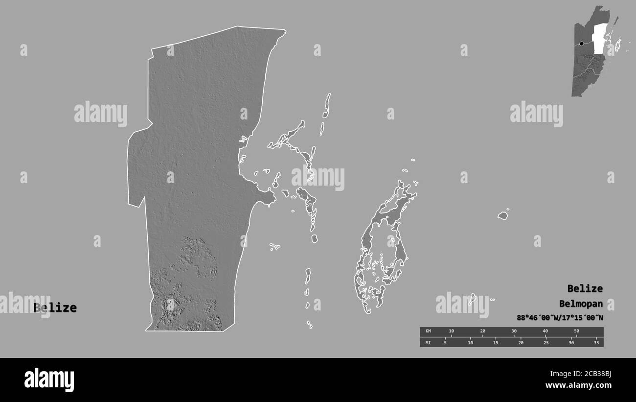 Shape of Belize, district of Belize, with its capital isolated on solid ...